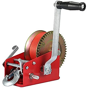 VZCY 3500 LBS Capacity Heavy Duty Hand Winch, 10m(32.8 ft) Nylon Strap 2 Gear Manual Crank Winch for ATV Boat Trailer Truck Auto, Red