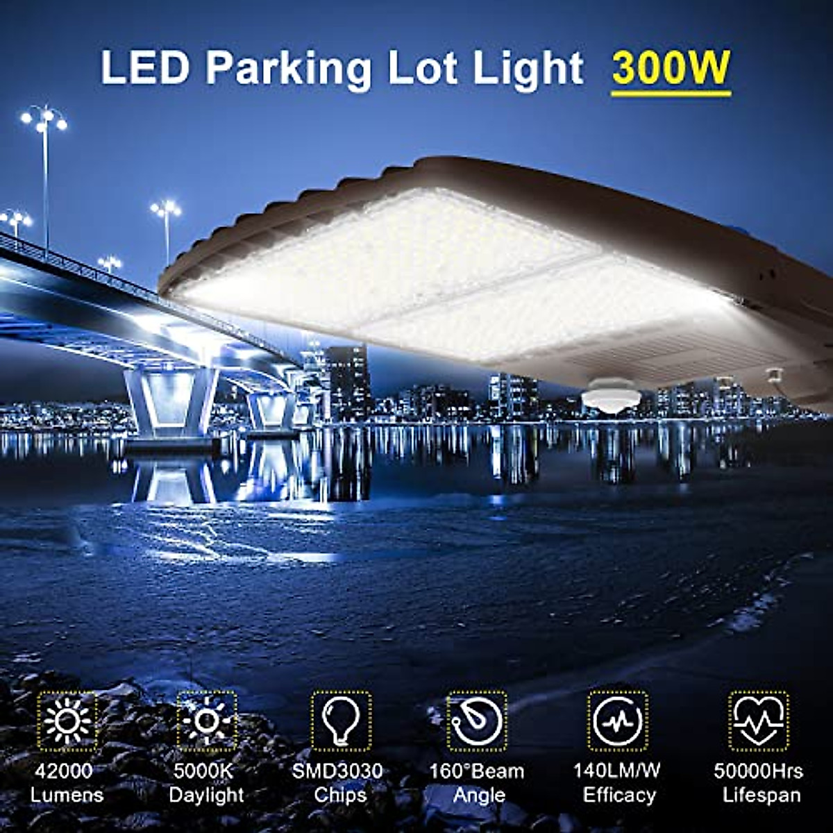300W LED Parking Lot Light with Dusk to Dawn Photocell, 42000LM 5000K Dimmable Commercial Outdoor Light IP65 Waterproof LED Shoebox Pole Light with Slide Mount 100-277V AC DLC Certified (300)