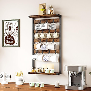 Homeiju 14-Hook Large Coffee Mug Holder for Countertop/Wall Mounted,4 Tier Coffee Cup Holder with Top & Bottom Storage Shelf,Adjustable Hook & Shelves,Mug Tree for Home Bar,Coffee Station