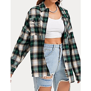 Lumister Womens' Spring Oversized Flannel Plaid Shirt Long Sleeve Drop Shoulder Lapel Button Down Shirt Blouse Tops(0075-Olive-L)