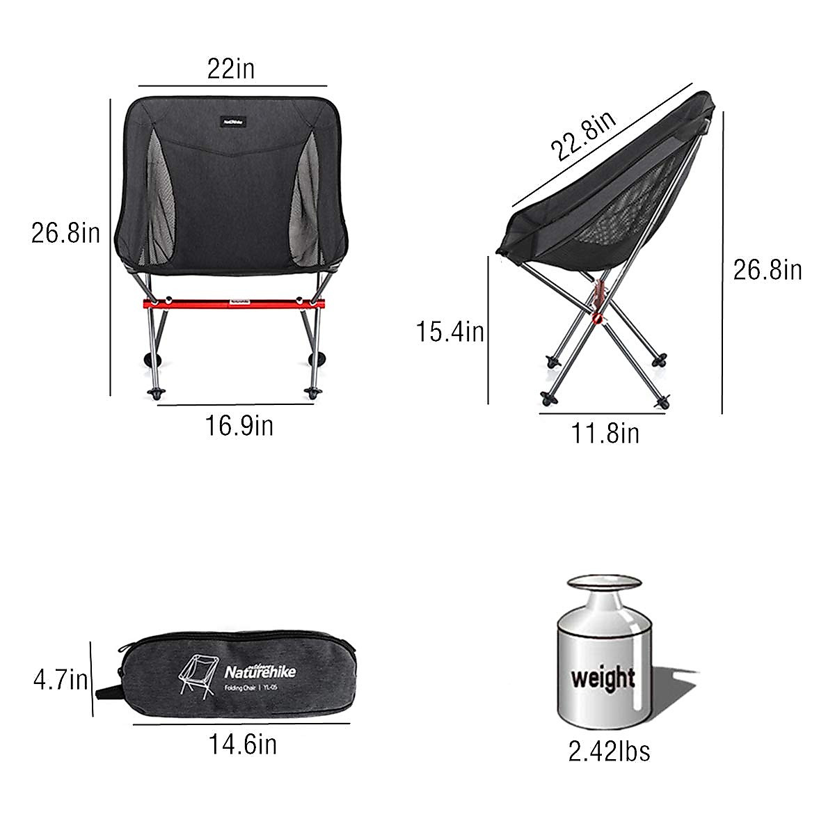 Naturehike Ultralight Folding Camping Chair,Backpacking Portable Hiking Chair Heavy Duty 300 lbs Capacity, Compact for Outdoor Camp,Fishing,Beach,Hiking,Hunting,Travel,Carry Bag Included