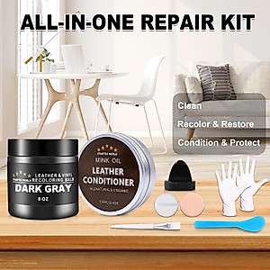 Leather Recoloring Balm with Mink Oil Leather Conditioner, Leather Repair Kit for Couches, Dark Gray Leather Dye for Furniture, Car Seat, Sofa, Shoes, Vinyl