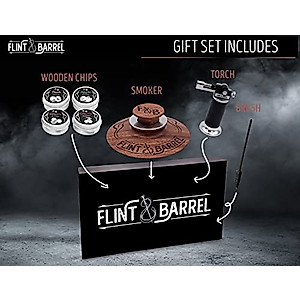 Flint & Barrel Cocktail Smoker Kit with Torch and Wood Chips, 4 Flavors - Old Fashioned Smoker Kit, Bourbon & Whiskey Drink Smoker Infuser Kit - Whiskey Gifts for Men, Dad, Husband (No Butane)