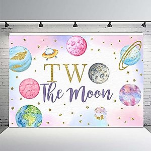 MEHOFOND 7x5ft Outer Space Two The Moon Backdrop Girl Happy 2nd Birthday Pink Gold Party Supplies Galaxy Planets Stars Theme Background Decor Photobooth Props Banner
