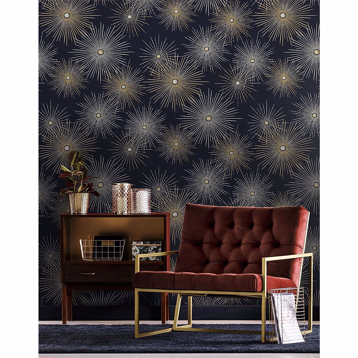 NextWall Starburst Geo Mid Century Peel and Stick Wallpaper (Midnight Blue & Metallic Gold)