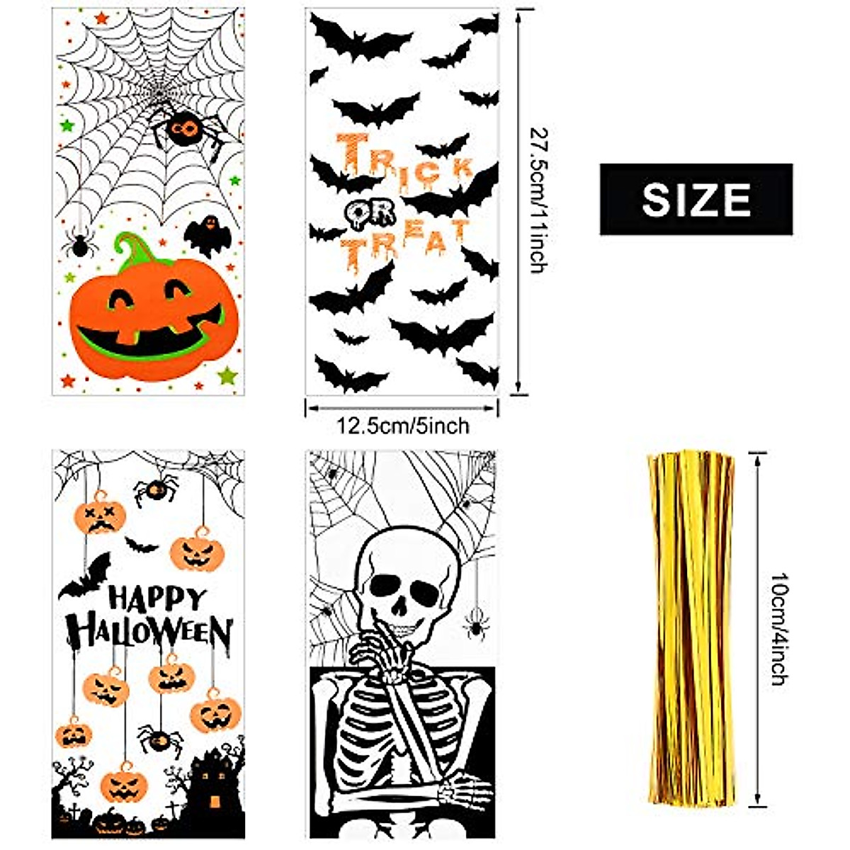 Zonon 160 Pieces Halloween Cellophane Treat Bags Halloween Candy Wrappers Pumpkin Skull Bat Presents Bags Transparent Candy Bag with 200 Pieces Ties for Halloween Party Favors