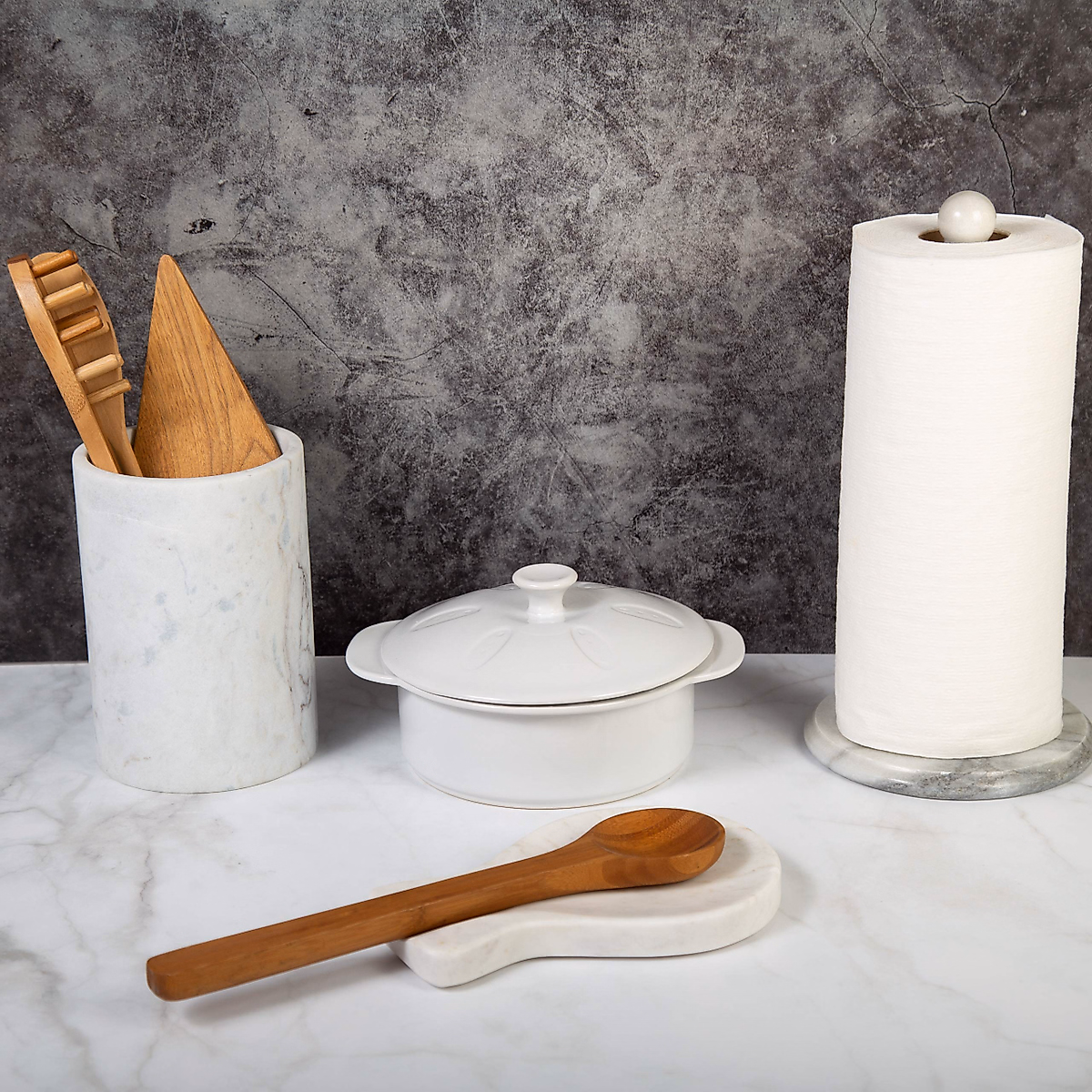 Creative Home Natural Marble Paper Towel Holder Deluxe Towel Dispenser for Kitchen, Countertop, Cabinet & Bathrooms, Heavy Duty, Solid Standup, Non Steel & Non Plastic, Off-White (Patterns May Vary)