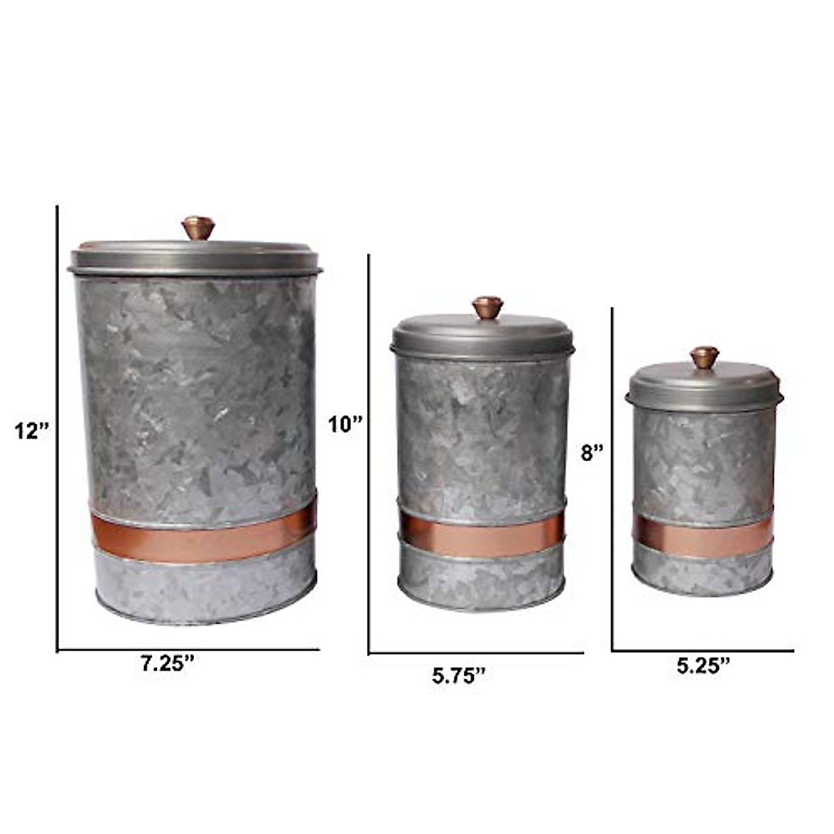 Benjara, Gray Galvanized Metal Lidded Canister with Copper Band, Set of Three, 3 Count