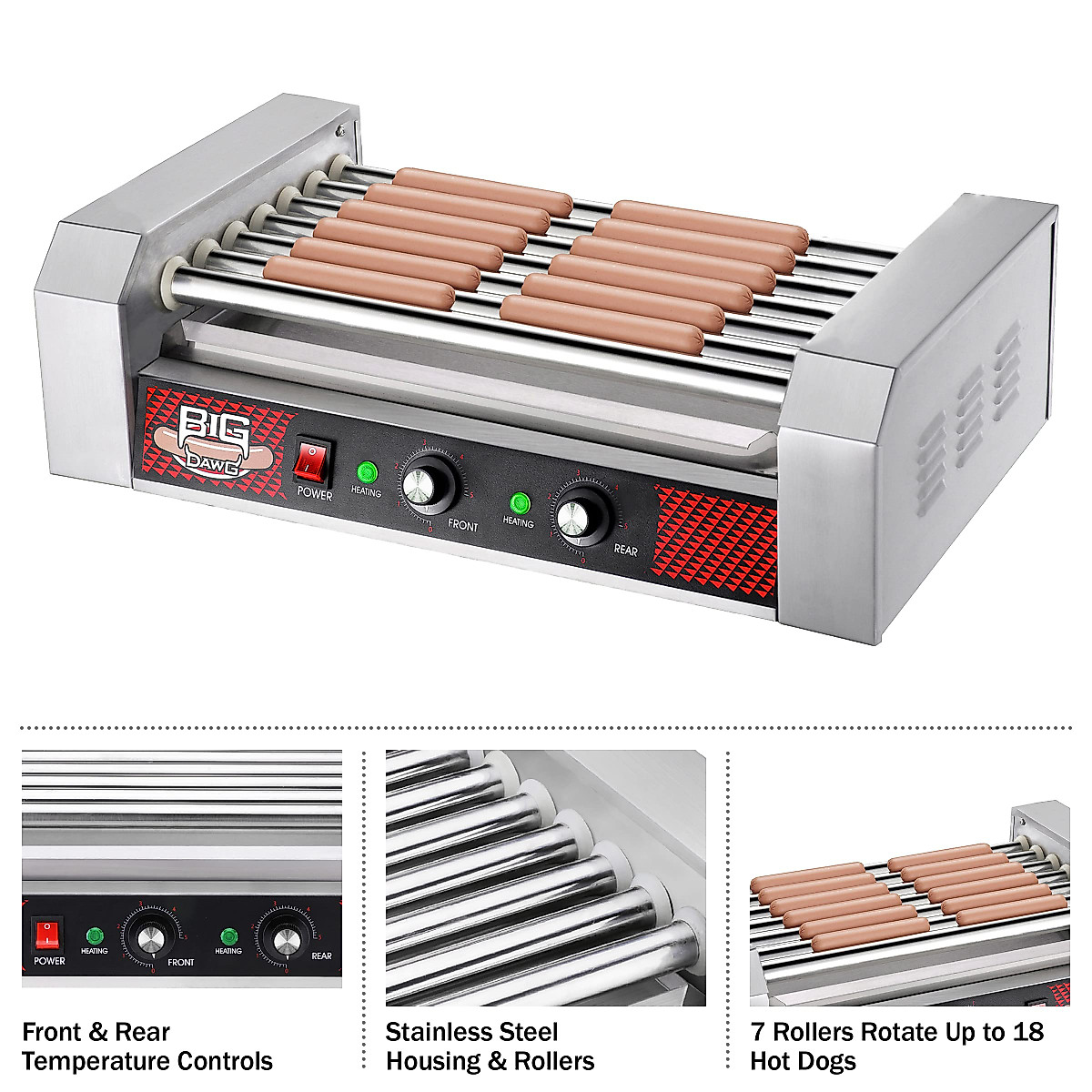 Hot Dog Roller Machine – Stainless-Steel Cooker with 7 Non-Stick Rollers – Cooks 18 Hot Dogs – Concession Stand Supplies by Great Northern Popcorn