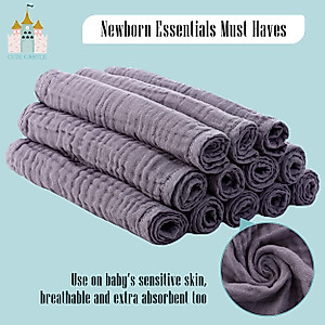 Cute Castle 12 Pack Muslin Burp Cloths for Baby - Ultra-Soft 100% Cotton Baby Washcloths - Large 20'' by 10'' Super Absorbent Milk Spit Up Rags - Burpy Cloths for Unisex, Boy, Girl - Grey