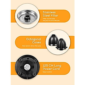 Aiheal Electric Citrus Juicer, Orange Juicer Squeezer with Two Interchangeable Cones Suitable for All Size of Citrus Fruits, Anti-drip Spout and Ultra Quiet Motor, BPA Free, Brushed Stainless Steel