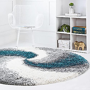 Rugs.com Soft Touch Shag Collection Round Rug – 8 Ft Round Turquoise Shag Rug Perfect for Kitchens, Dining Rooms
