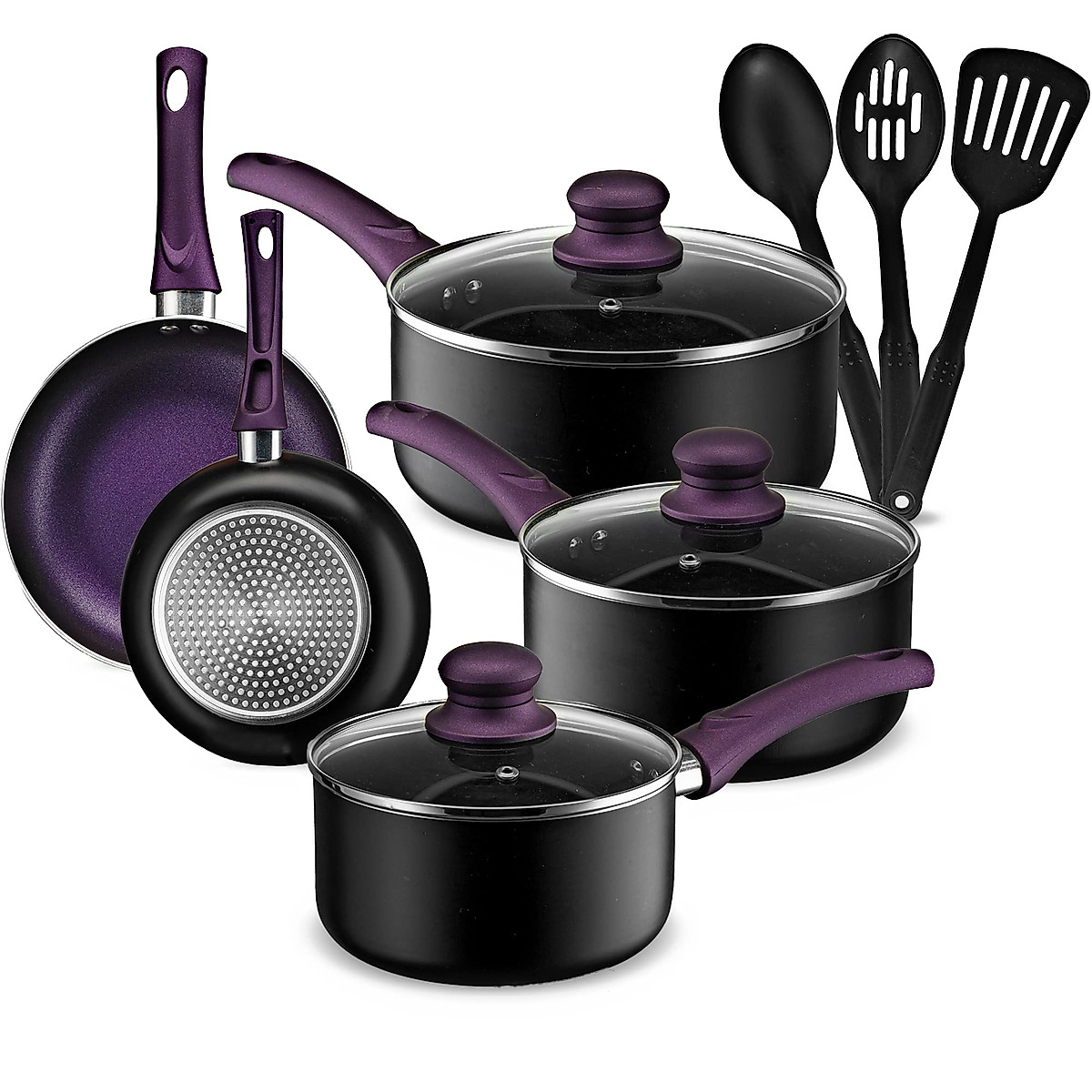 AHEIM Pots and Pans Set, Aluminum Nonstick Cookware Set, Fry Pans, Casserole with Lid, Sauce Pan, and Utensils, 11 Piece Cooking Set (Purple)