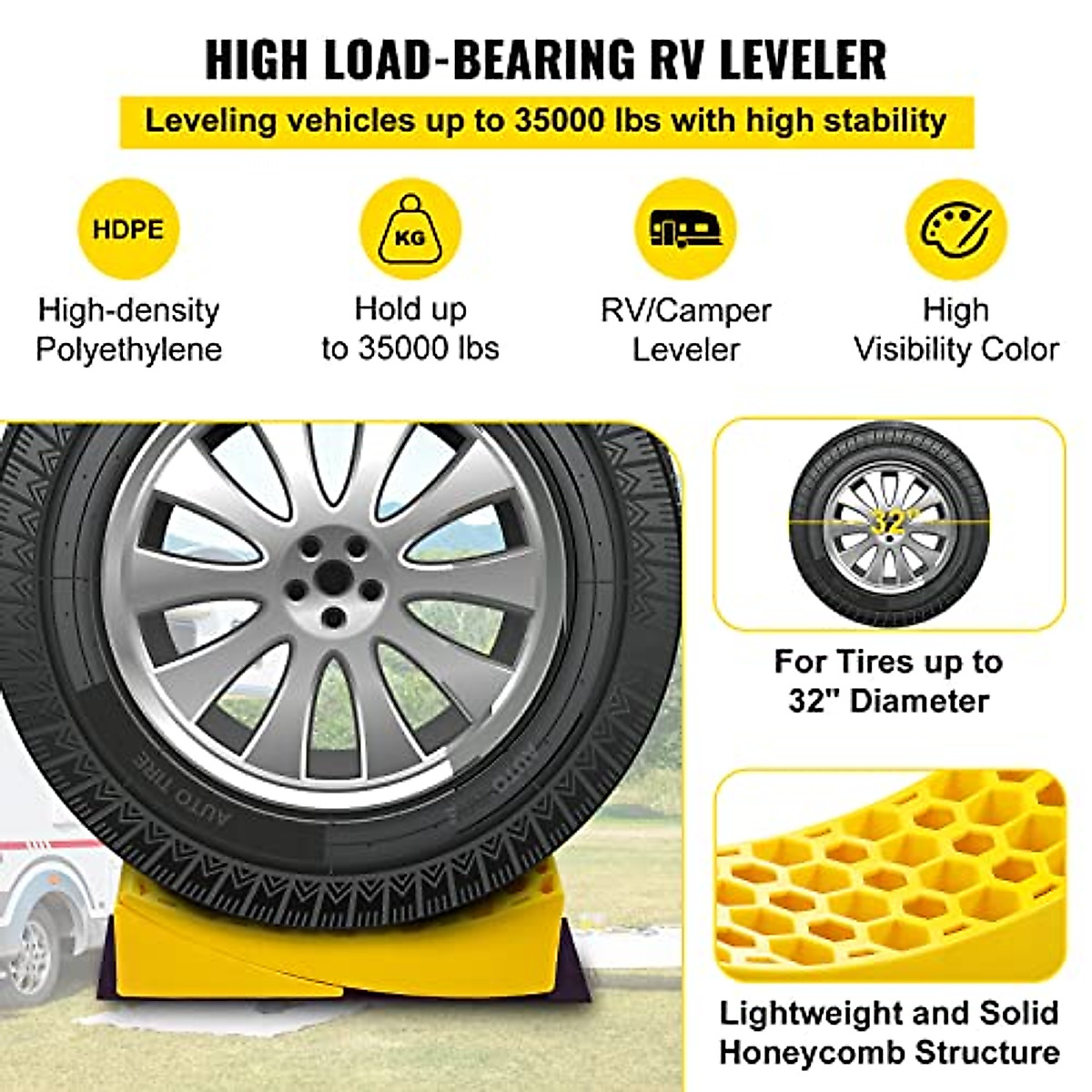 VEVOR Camper Leveler, 2 Pack RV Leveling Blocks, HDPE Material, Include 2 Curved Levelers, 2 Chocks, 2 Rubber Grip Mats, Hold up to 35000 lbs, Fast and Precise Leveling for Camper RV Trailer