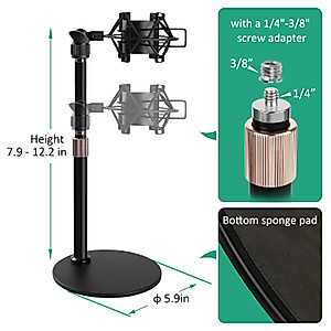 AT2020 Mic Stand, Adjustable Height Desk Mic Stand with Shock Mount, Foam Windscreen, Metal Weighted Base, 1/4 to 3/8 Metal Adapter, for AT2020 AT2020USB AT2020USB+ AT2035 Mic by Rigych