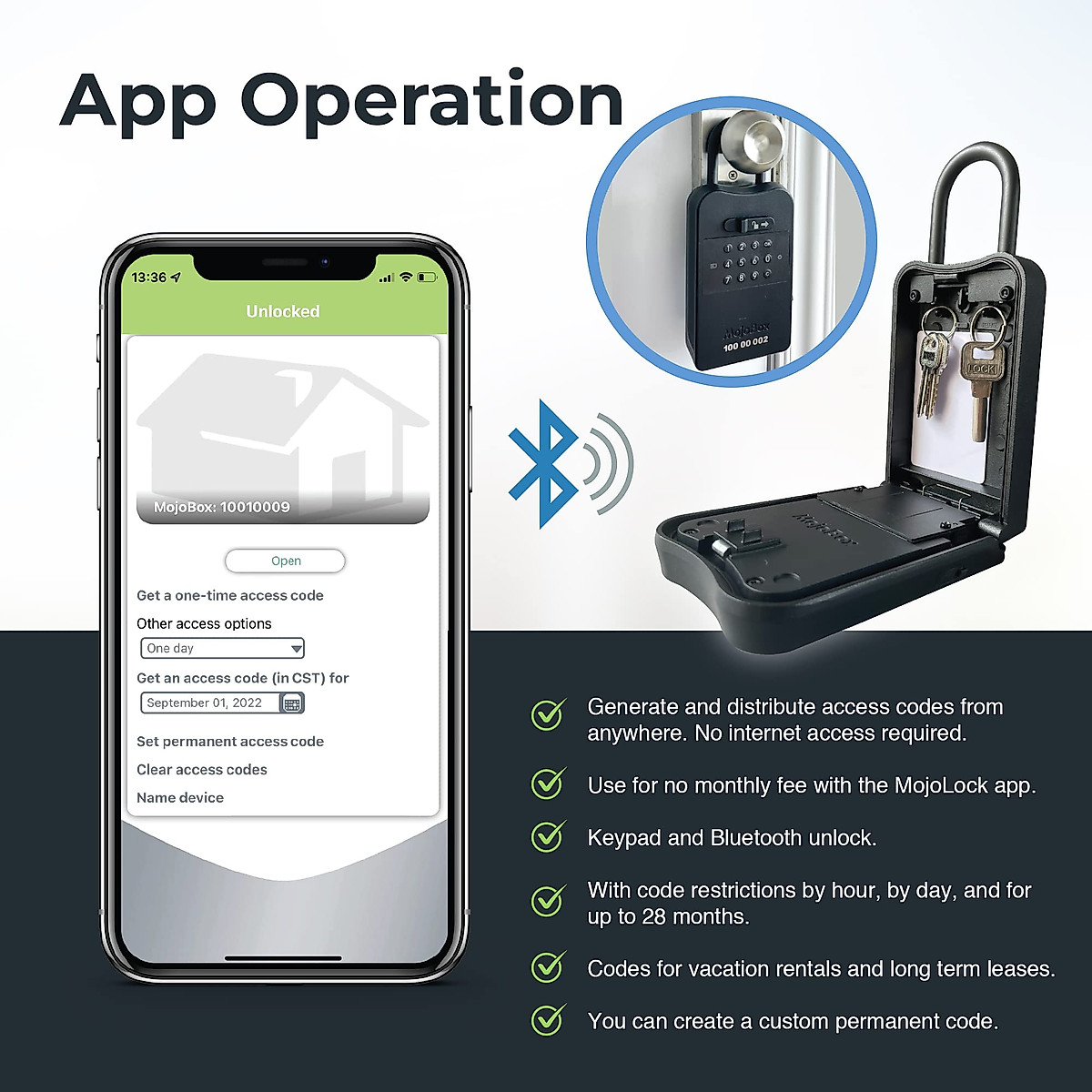 Digital Lockbox, Bluetooth Key Lockbox, iOS/Android App Remotely Generates Offline Access Codes for 1 Time Use, Temporary Use, Permanent Use, and Exact Dates/Times Without Internet
