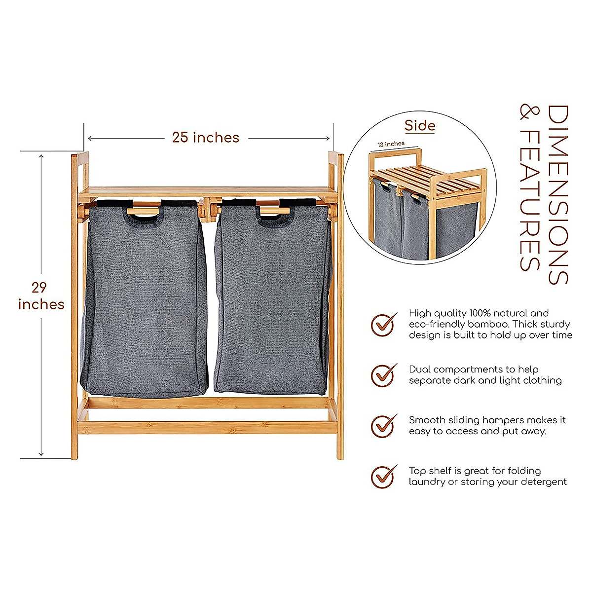 ToiletTree Products Bamboo Hamper with Dual Compartments - Laundry Sorter for Bathrooms and Laundry Rooms - Dual Hamper to Sort Darks and Whites - Bamboo Laundry Hamper