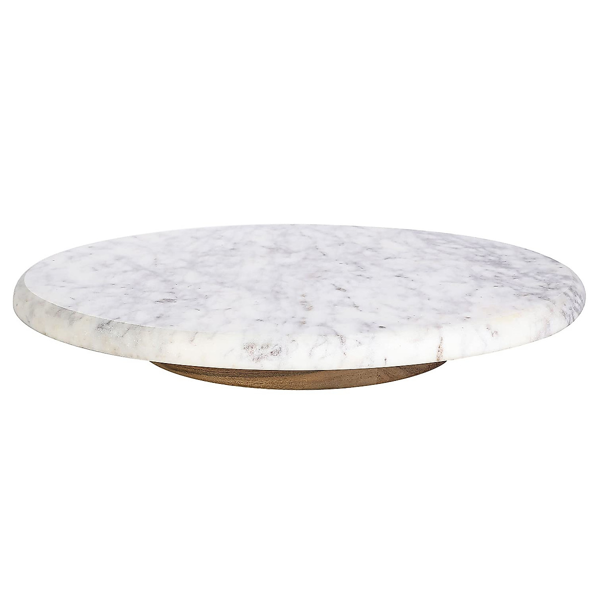 MyGift 11 Inch Natural White Marble with Acacia Wood Base Lazy Susan Serving Tray - 360 Degree Rotating Spice and Condiment Turntable - Handcrafted in India