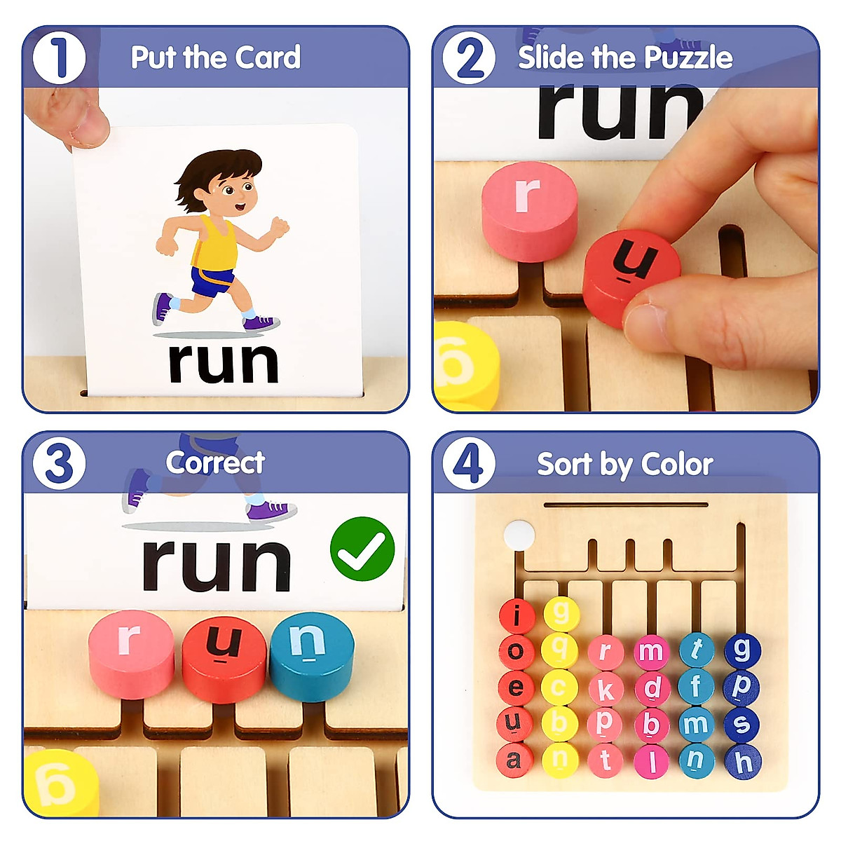 Joyreal Sight Word Spelling Games, CVC Flash Cards Kindergarten Homeschool, Wooden Vowel Letters Preschool Toys Fine Motor Skills Alphabet Blocks Learning Classroom 3-8 Years Old