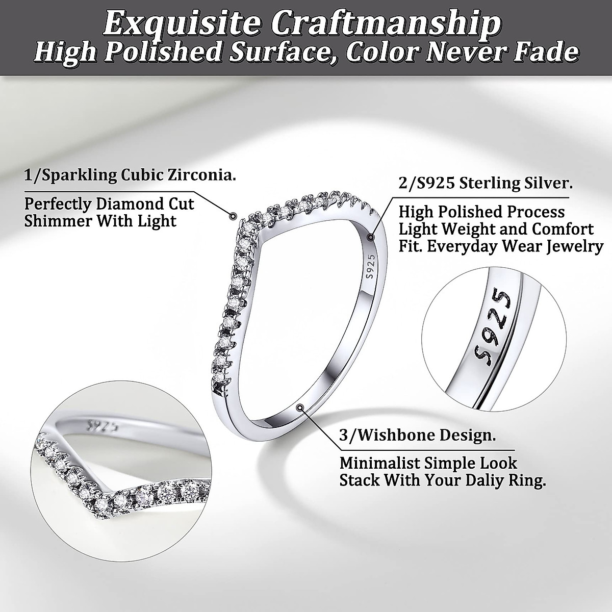 Bestyle Silver Women Rings Wishbone Ring Love Statement Band Ring for Mom Wife Daughter Sterling Silver Plain Knuckle Finger Rings V Shape Lucky Ring,Size 7