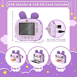 CAMCLID Instant Camera for Kids, 2.5K Kids Camera Instant Print with No Ink Print Paper & 32G Card,Selfie Digital Camera & 1080P Video Camera, Toy Gift for Girls Boys 3-12 (Purple)