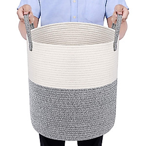 SONGMICS Woven Cotton Rope Basket, Toy Storage Bin with Handles, Blanket Storage for Pillows, Clothes in Living Room, Bedroom, Gray and Beige ULCB440G01