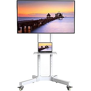 Mobile TV Cart with Wheels for 32-83 Inch LCD LED 4K Flat Curved Screen TVs- Height Adjustable Rolling TV Stand Hold Up to 132 lbs- Trolley Floor Stand with Tray Max VESA 600x400mm White PSTVMC01W