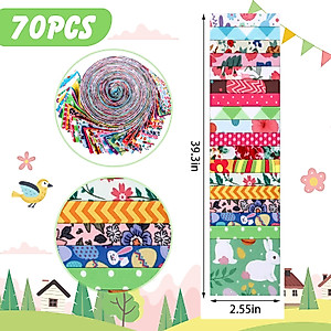70 Pcs Spring Jelly Fabric Patchwork Roll, 2.55 Inch Easter Fabric Quilting Strips Roll up Jelly Fabric Patchwork Fabric Bundles for Holiday Quilters and Sewing DIY Crafts