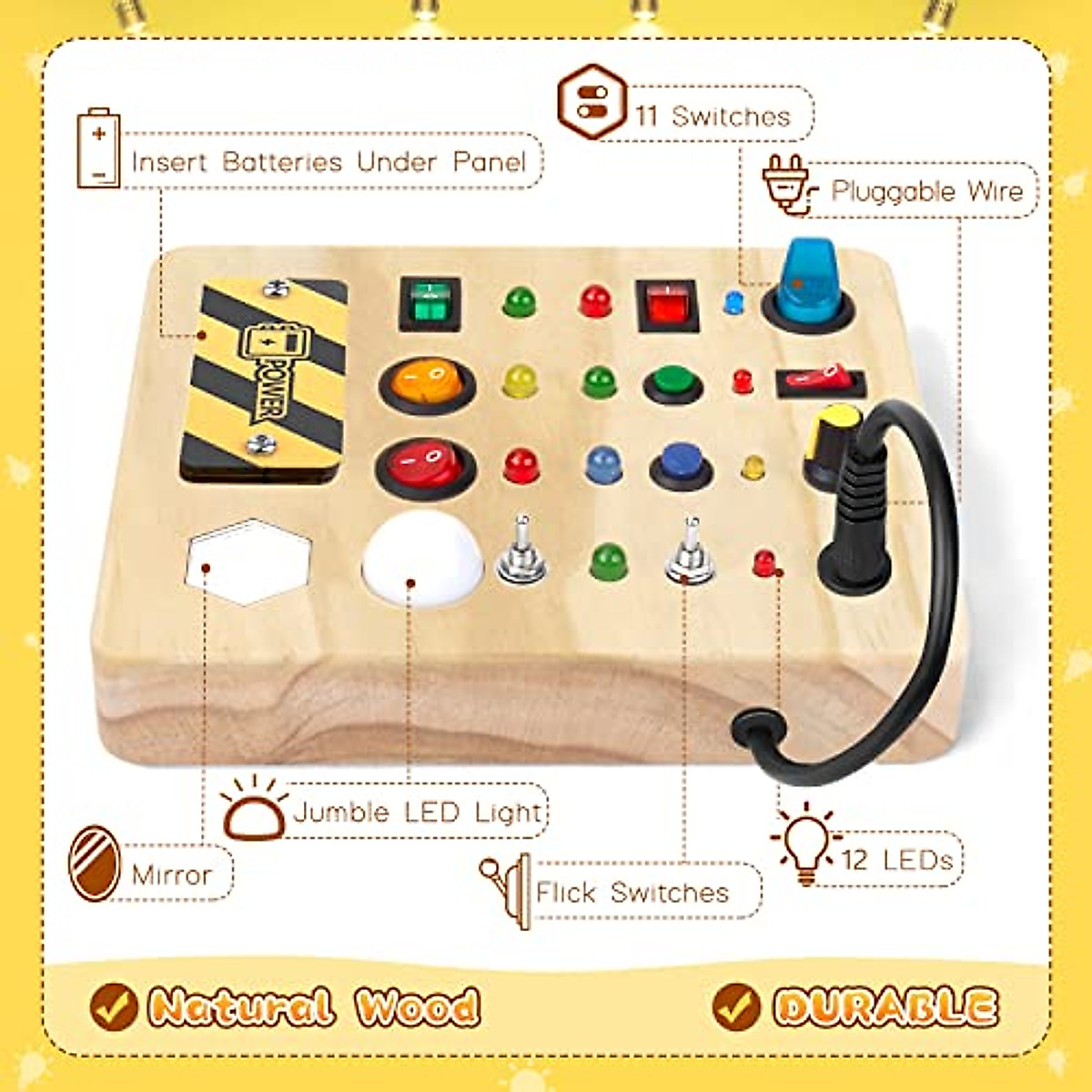 TINTECUSA Busy Board Montessori Toys for Toddler, Wooden Sensory Board Switch Toy with Shape Sorter LED Light Up Travel Toys Educational Plane Travel Activity for 1-6 Year Old Girls & Boys Gifts