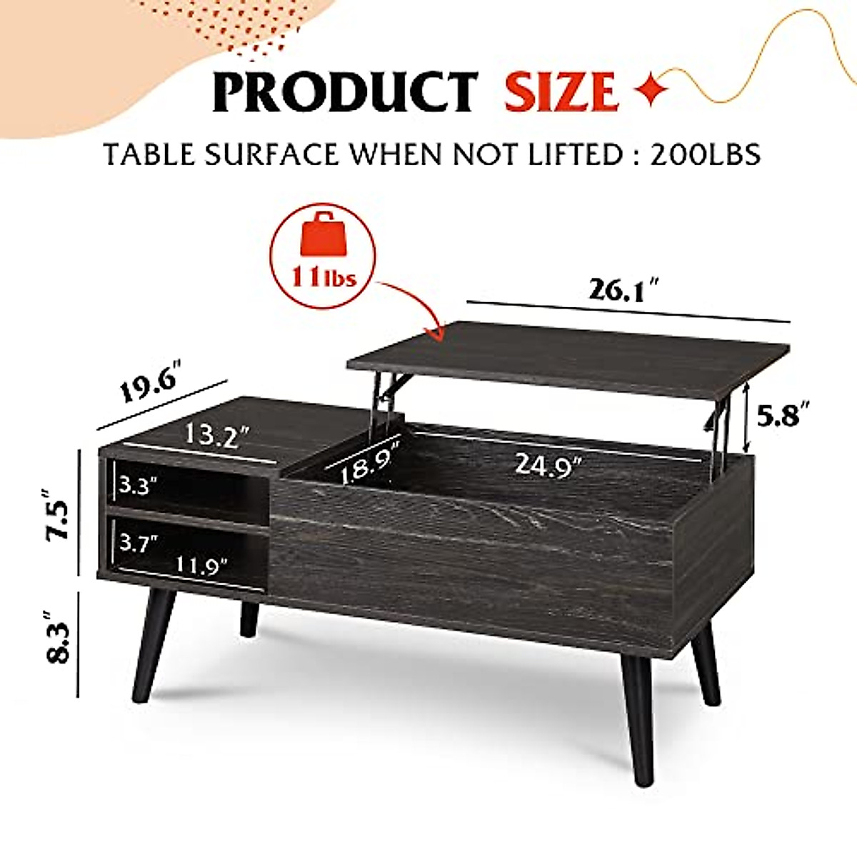 WLIVE Wood Lift Top Coffee Table with Hidden Compartment and Adjustable Storage Shelf, Lift Tabletop Dining Table for Home Living Room, Office, Charcoal Black