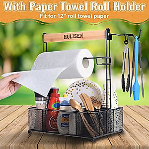 HULISEN Grill Caddy, BBQ Caddy with Paper Towel Holder, Utensil Caddy for Plates and Utensils, Picnic Condiments Caddy for Barbucue Griddle Accessories, Outdoor Camper Camping RV Backyard Must Have