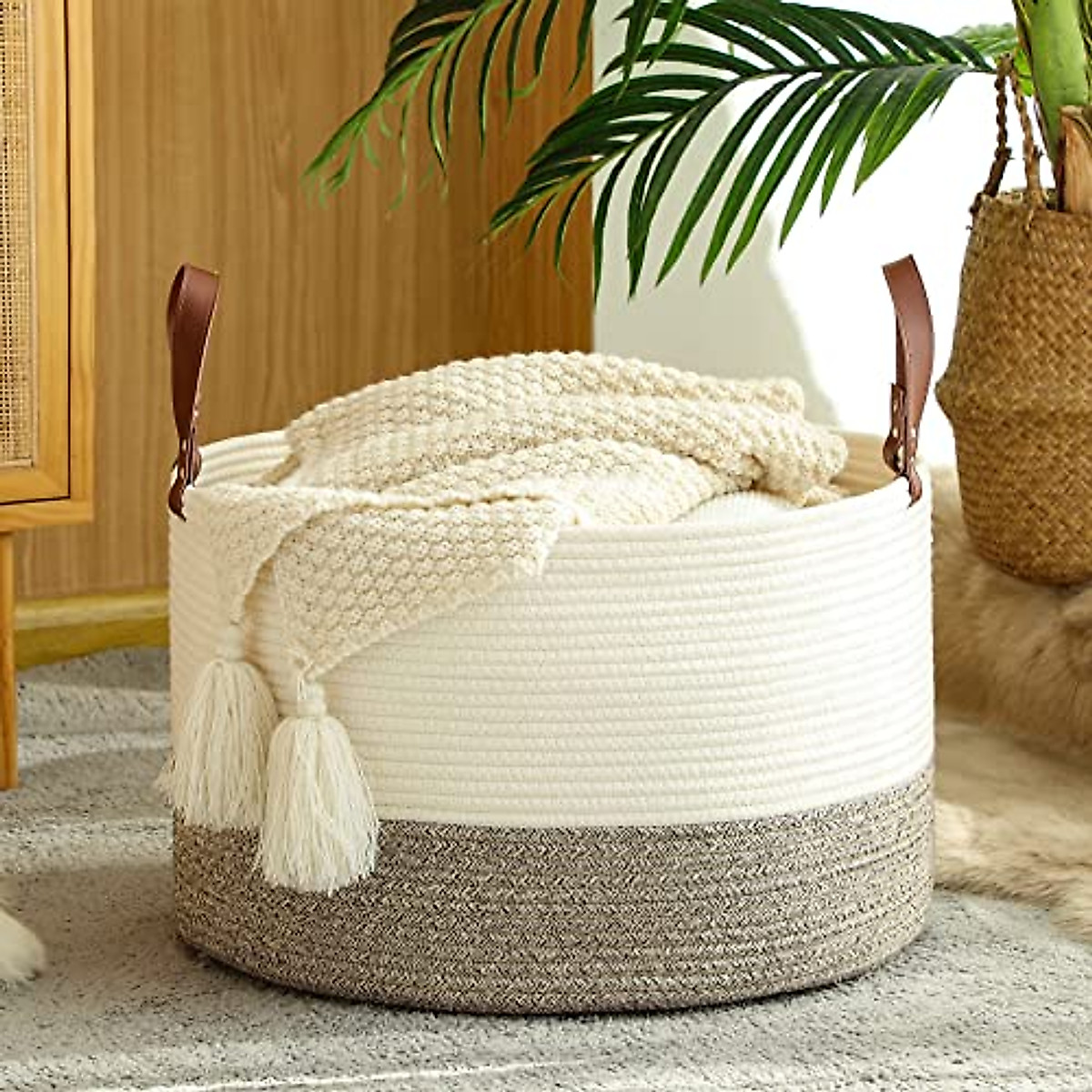 KAKAMAY Large Cotton Rope Blanket Basket (20"x13"),Woven Baby Laundry Hamper，Blanket Basket for Nursery, Laundry, Living Room, Pillows, Toys with Handles （White/Beige/Grey）