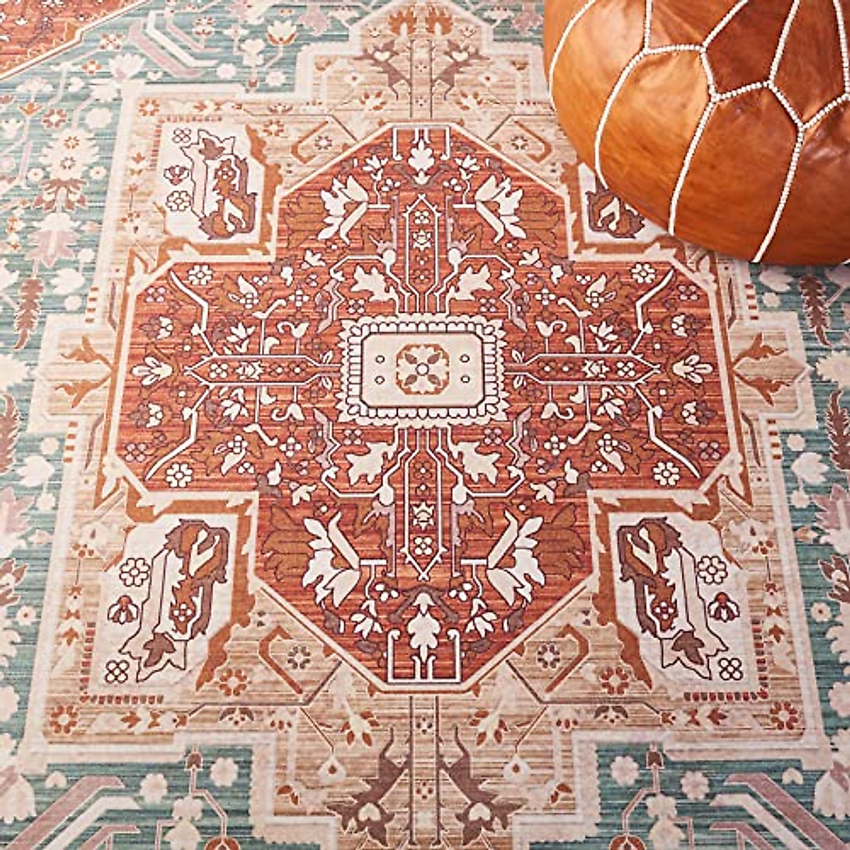 SAFAVIEH Tucson Collection Machine Washable Slip Resistant 8' x 10' Aqua / Rust TSN150J Traditional Vintage Persian Medallion Living Room Dining Bedroom Area Rug