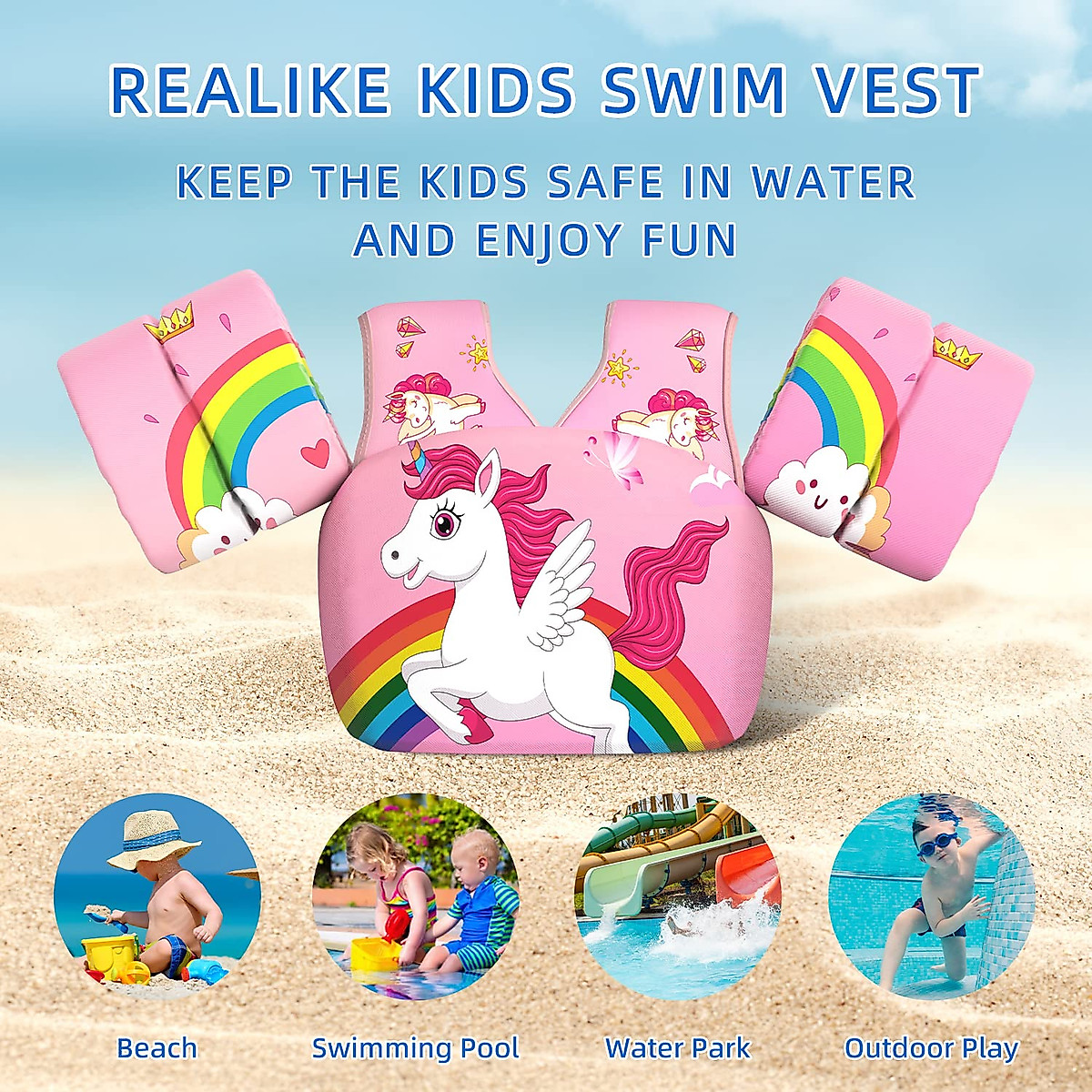 REALIKE Kids Swim Vest for Toddler Floaties Swimming Aids with Shoulder Harness Arm Wings for Children/Infant/Baby,Sea Beach/Pool/Lake, Suitable for 28-70lbs Boys/Girls