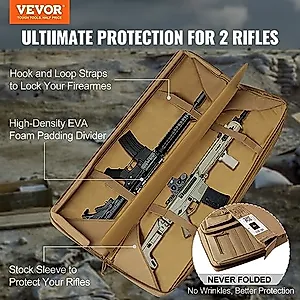 VEVOR Rifle Bag, 36 inch Tactical Double Long Gun Bag, Soft Rifle Case with Lockable Zipper, Portable Handle & Shoulder Strap, 3 Large Storage Pockets Rifle Case for Two 34" Rifles & 2 Pistols, Brown