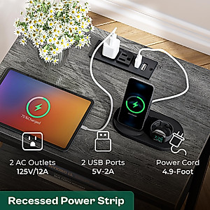 Huuger Nightstand with Charging Station, Side Table with Fabric Drawers, End Table with Open Shelf, Bedside Table with USB Ports and Outlets, Night Stand for Bedroom, Charcoal Gray