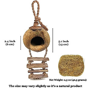 SunGrow Leopard Gecko Coconut Husk Hut with Ladder and Coco Fiber Bedding, with Shell Opening, 2.5” Opening Diameter, Cave Habitat with Hanging Loop, 1.5 oz Fiber Bedding
