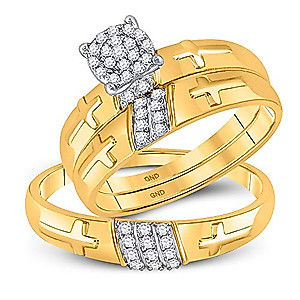 Solid 10k Yellow Gold His and Hers Round Diamond Cross Matching Couple Three Rings Bridal Engagement Ring Wedding Bands Set 1/4 Ct. - (L = 5.5, M = 8.5)