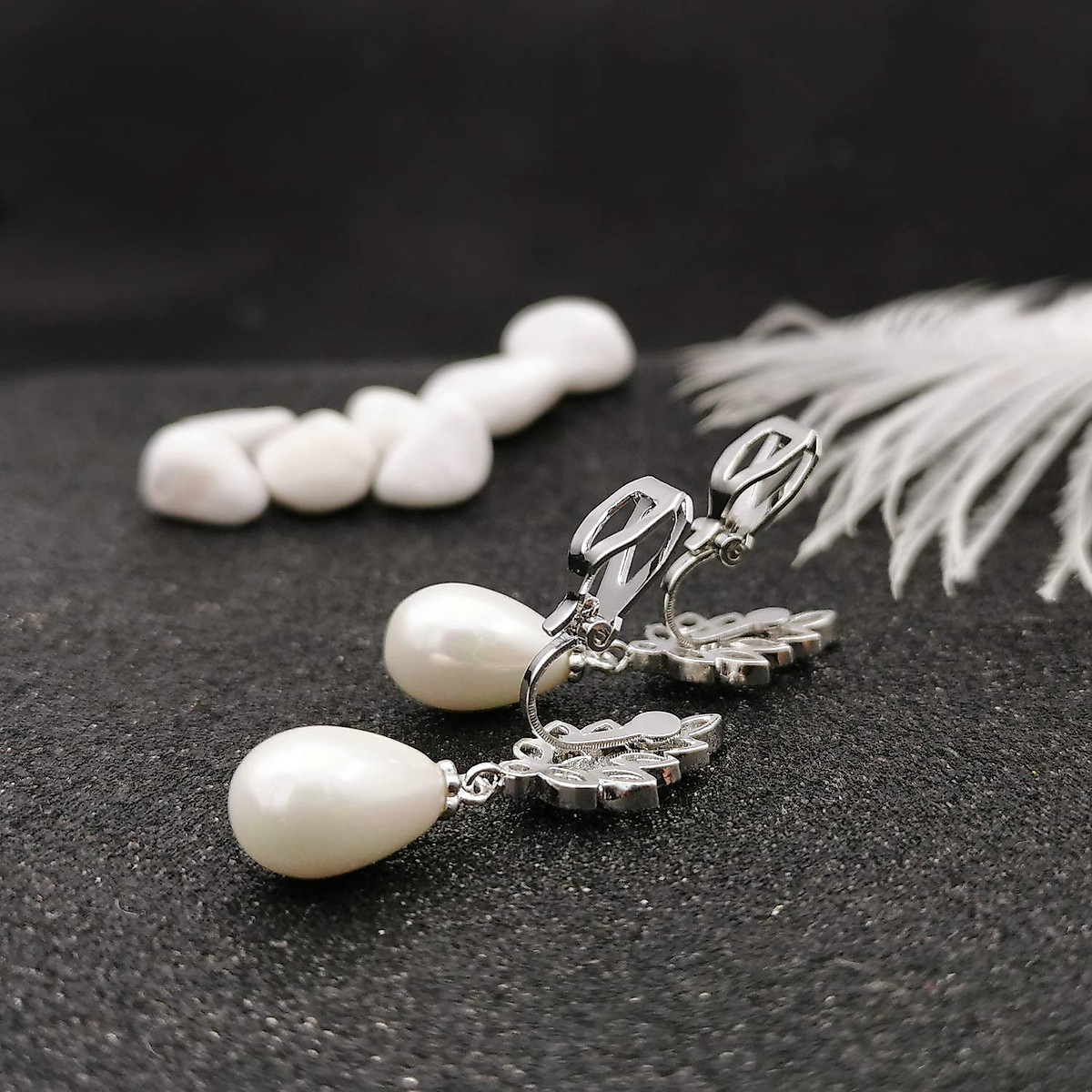 YOQUCOL Leaf-shape Dangle Drop Clip On Earring Zirconia Crystal Simulated Pearl NonPierced Earrings For Women