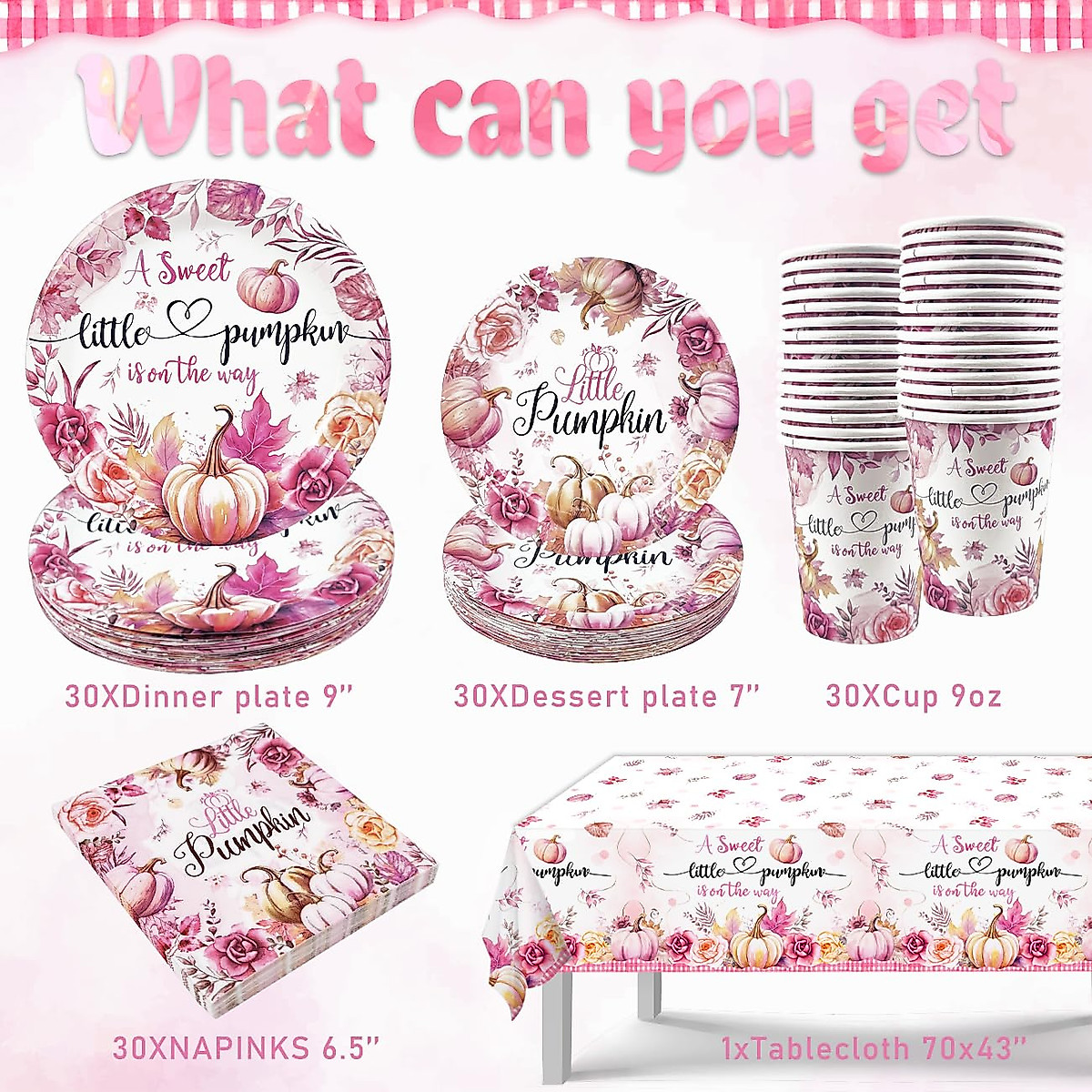 Little Pumpkin Baby Shower Decorations Happy Fall a Little Pumpkin Is On The Way Tableware Set Serves 30 Guests with Pink Fall Pumpkin Plates,Napkins and Cups, Plastic Tablecloth for Girl Baby Shower