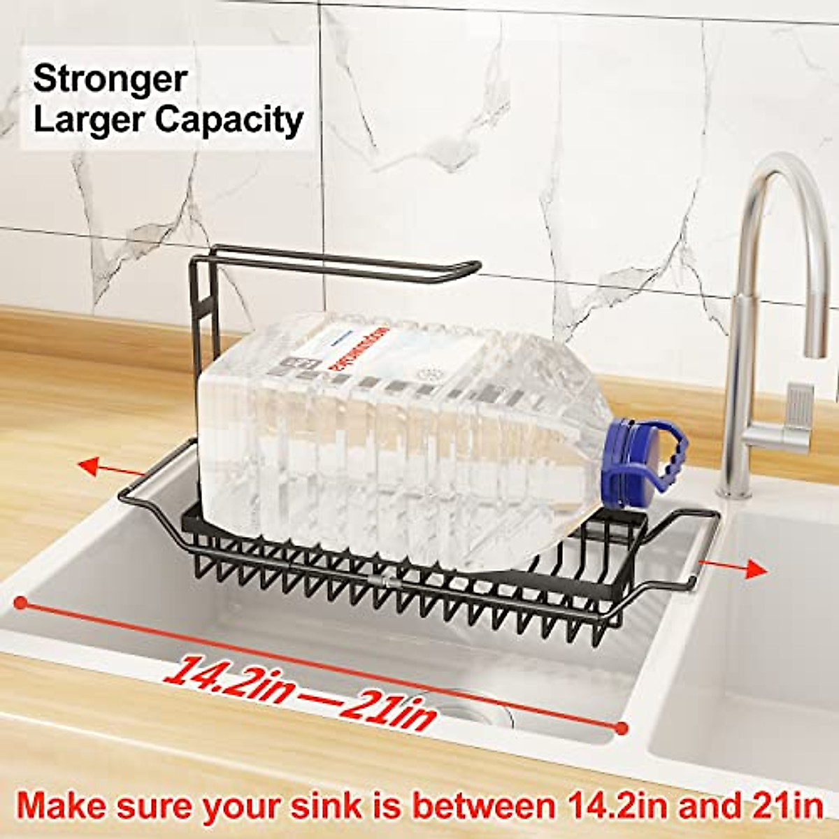 Mindore Sink Caddy, Telescopic Sink Storage Rack, Stainless Steel Sponge Holder for Kitchen Sink, Over Sink Sponge Holder with Dishcloth Towel Holder, Adjustable Sink Rack for Soap, Scrubber Brush