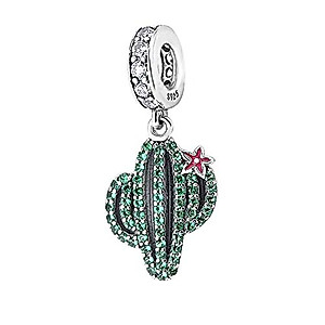 Plants and Insects Charm 925 Sterling Silver Cactus Charm Flowers Beads Botany Charm for Bracelet & Necklace (Green Cactus & Pink Flower)