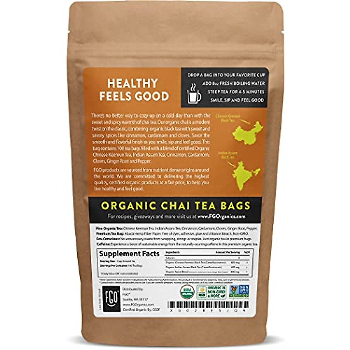 Organic Chai Tea Bags | 100 Tea Bags | Blend of Chinese Keemun Tea, Indian Assam Tea, Cinnamon, Cardamom, Cloves, Ginger, Black Pepper | Eco-Conscious Tea Bags in Kraft Bag | Blended in USA | by FGO