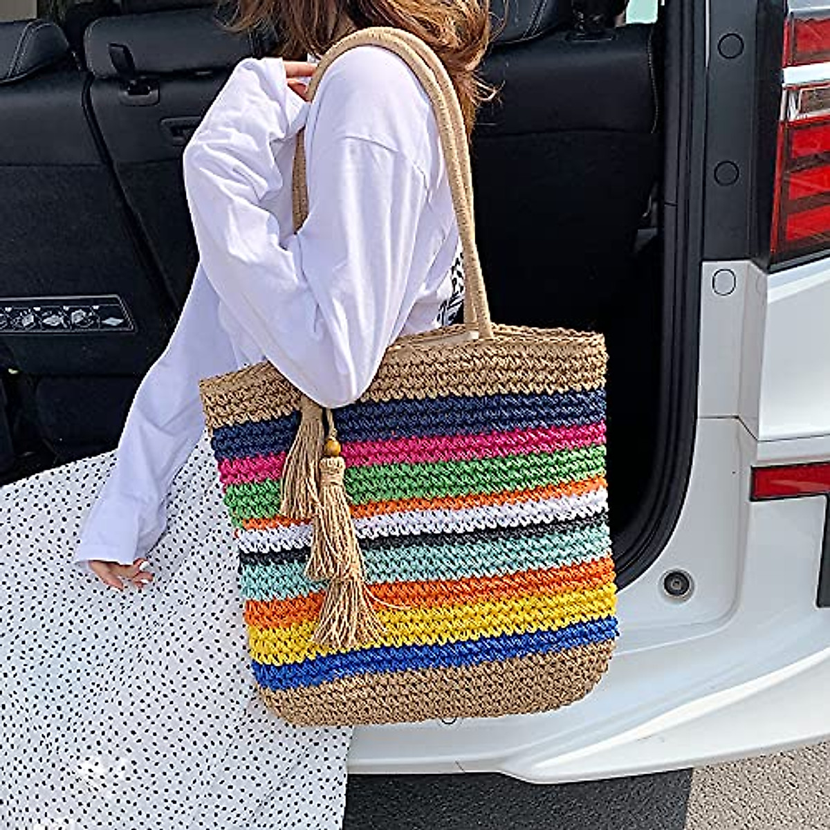 Shopping Female Large Capacity Tassel Tote Bag Shoulder Crossbody Ins Woven Handbag Multicolor