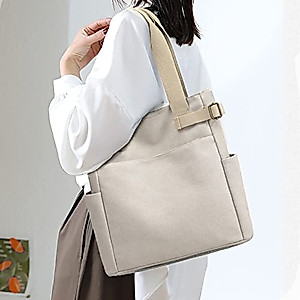 Women Canvas Tote Bag Large With Zippered Closure School ToTe Beach Work Travel Shoulder Bags (Beige)