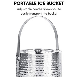 BirdRock Home Ice Bucket with Scoop & Lid - 2.8 Liter Hammered 18/8 Stainless Steel Container for Bar - Double Wall Insulated Bucket with Carrying Handle - Great for Parties - (Silver)