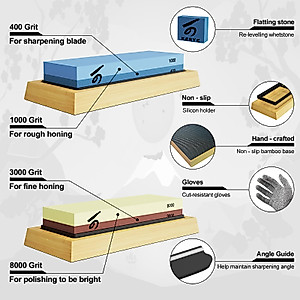 Knife Sharpening Stone Set, KERYE Professional Japanese Whetstone Knife Sharpener Tool Kit, 4 Side Grit 400/1000 3000/8000 Wet Stone, Flattening Stone, Angle Guide, Leather Strop, Anti Cut Gloves