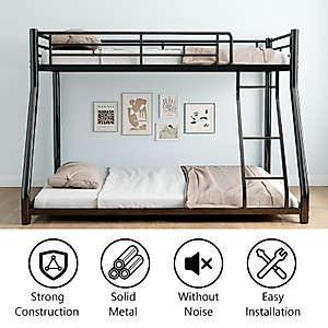 QSOSTNS Metal Bunk Bed Twin Over Full Size with Removable Stairs, Heavy Duty Sturdy Frame, Smooth Rounded Edges, No Boxspring Required, for Small Spaces, Twin-Over-Full (Black)