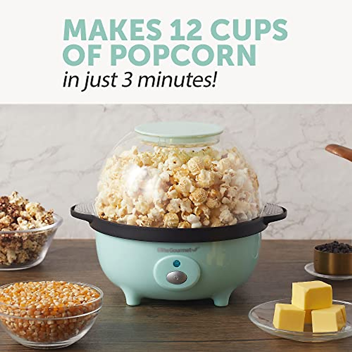Elite Gourmet Automatic Stirring Popcorn Maker Popper, Electric Hot Oil Popcorn Machine with Measuring Cap & Built-in Reversible Serving Bowl, Great for Home Party Kids, Safety ETL Approved, Mint