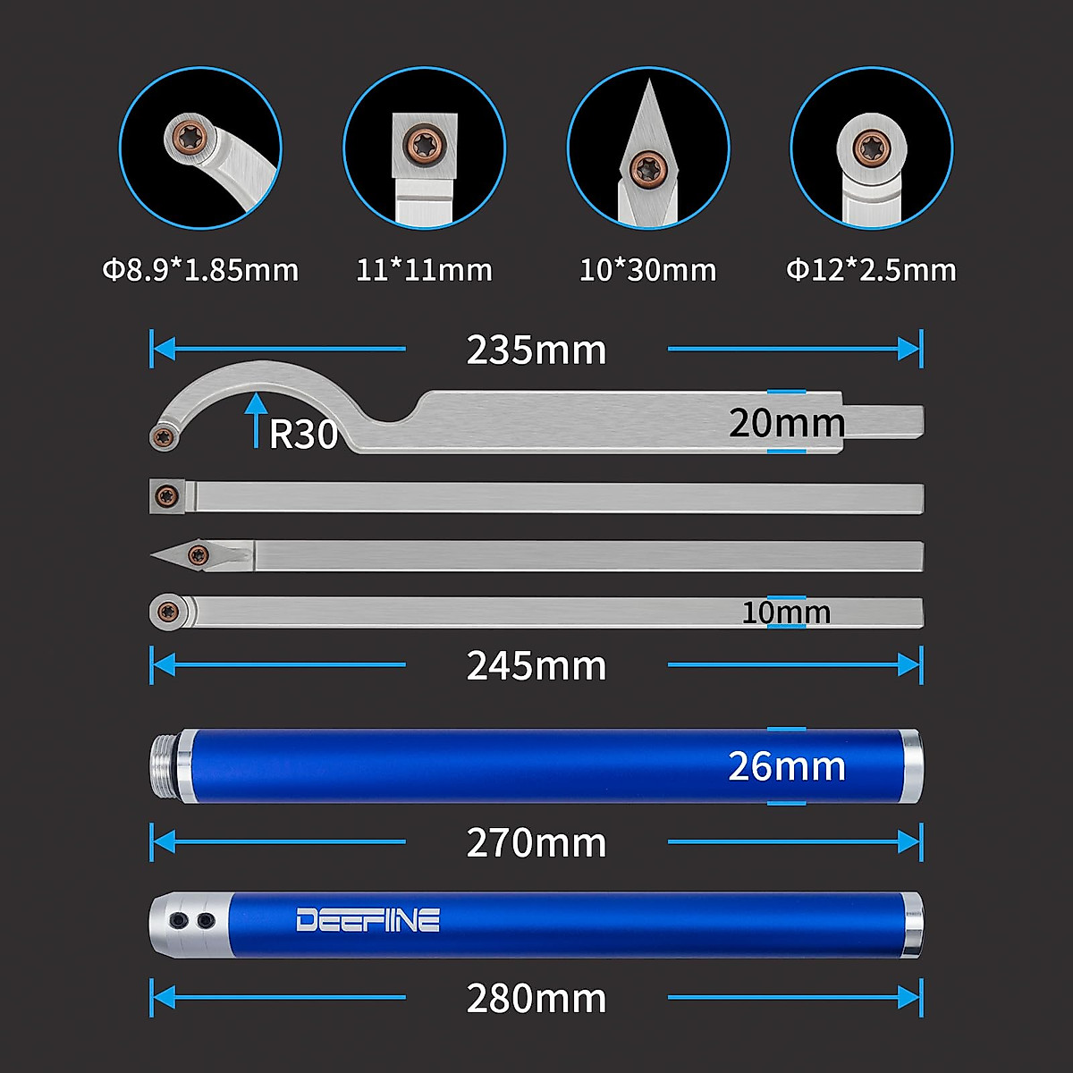 DEEFIINE Carbide Tip Wood Lathe Turning Tool Kit, Lathe Roughing and Finishing Hollow Tool Interchangeable Aluminum Alloy Handle with Diamond Round Square Carbide Blade (Metal handle)
